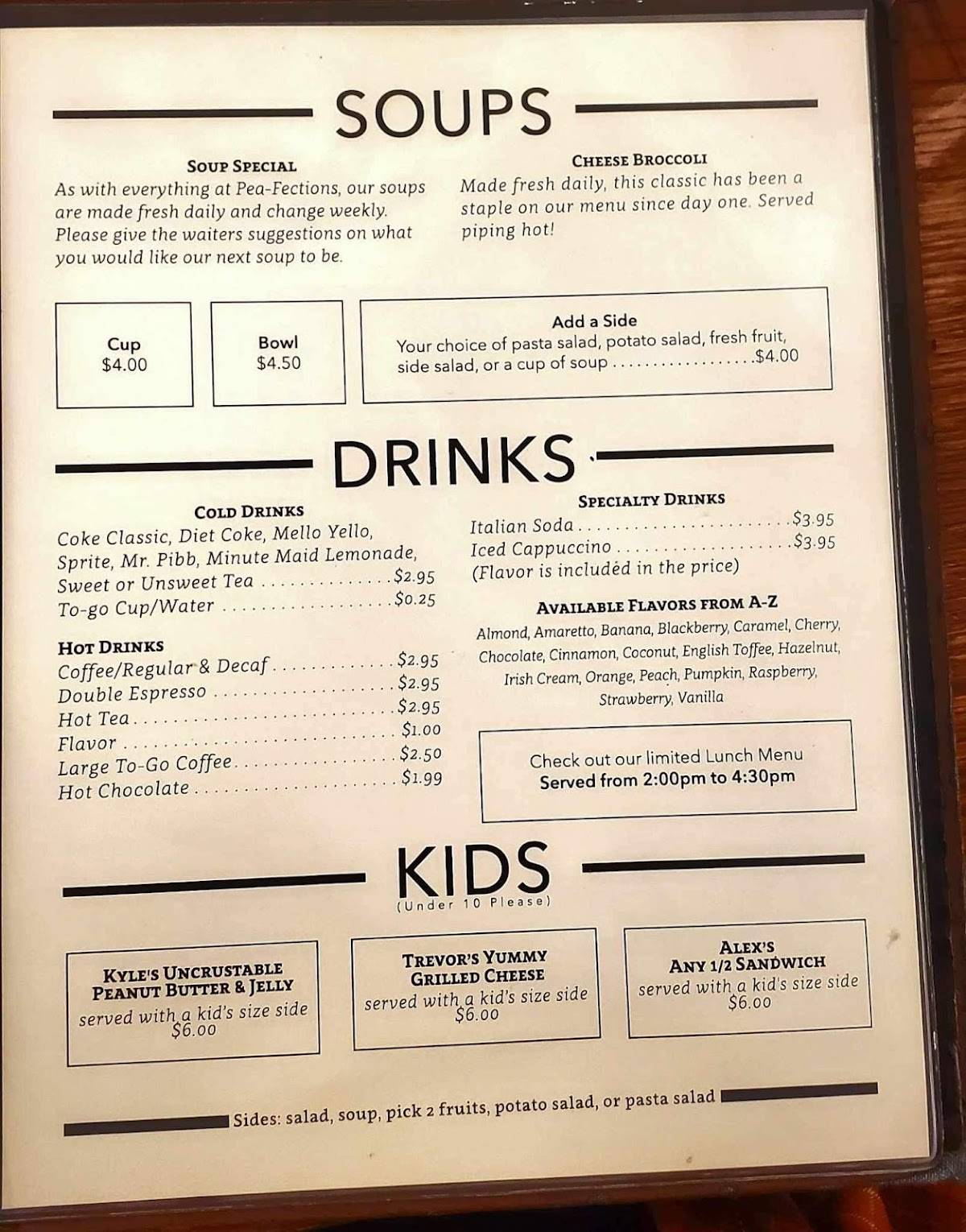 Menu at Pea-Fections restaurant, Vincennes