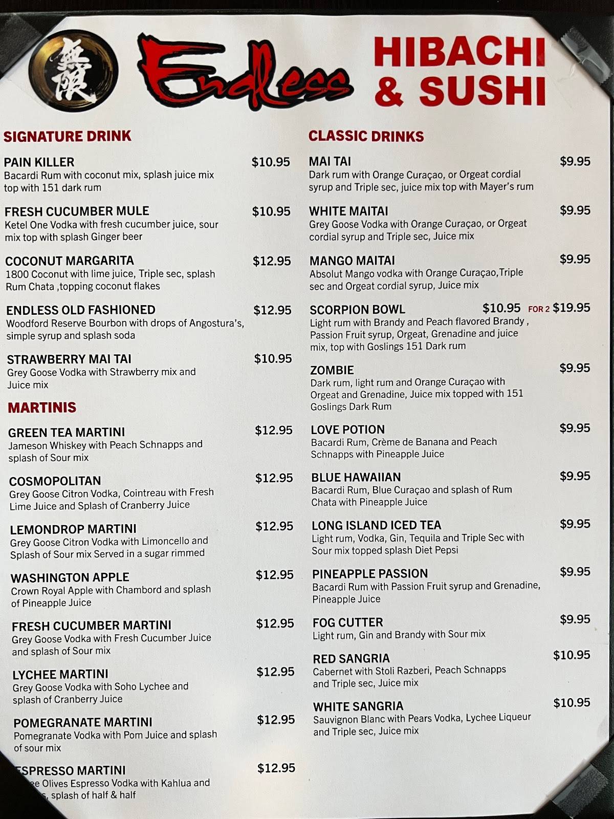 Menu at Endless Hibachi & Sushi (AYCE) restaurant, Peabody
