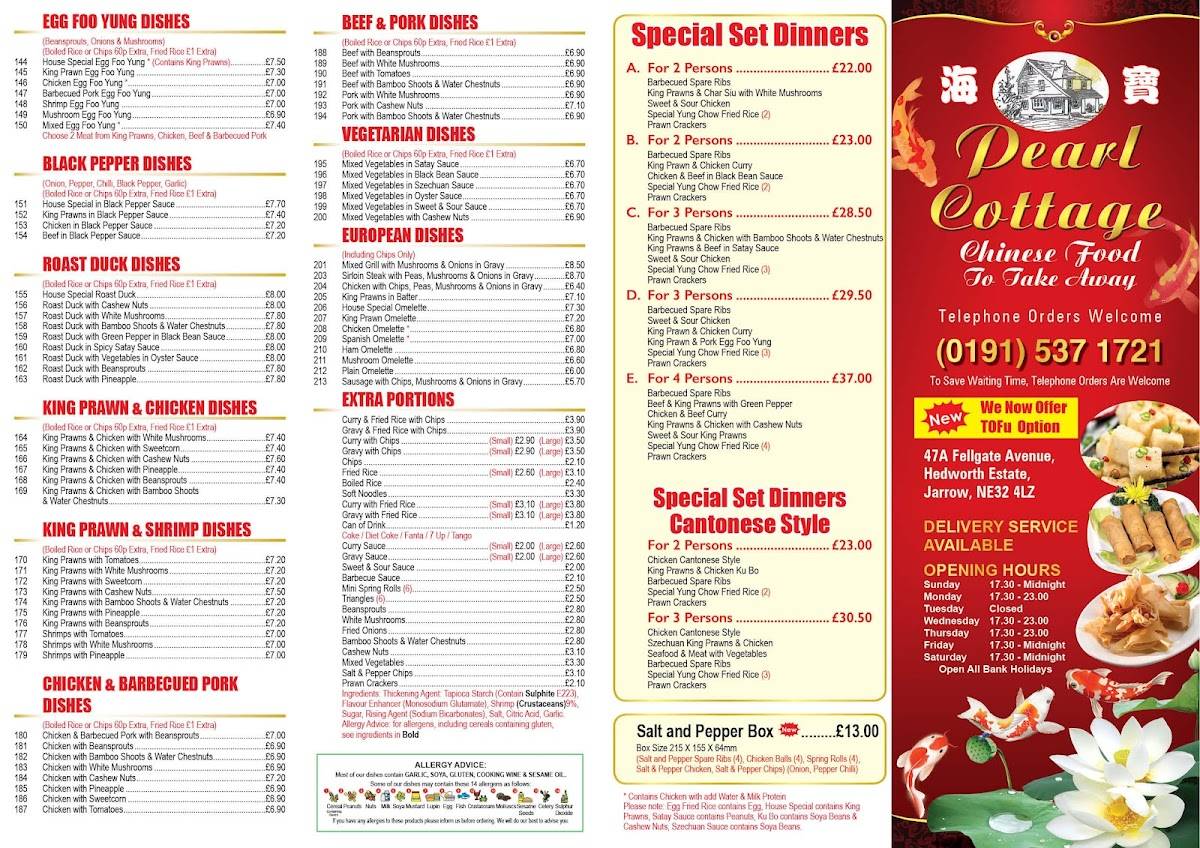 Menu at Pearl Cottage fast food, Jarrow