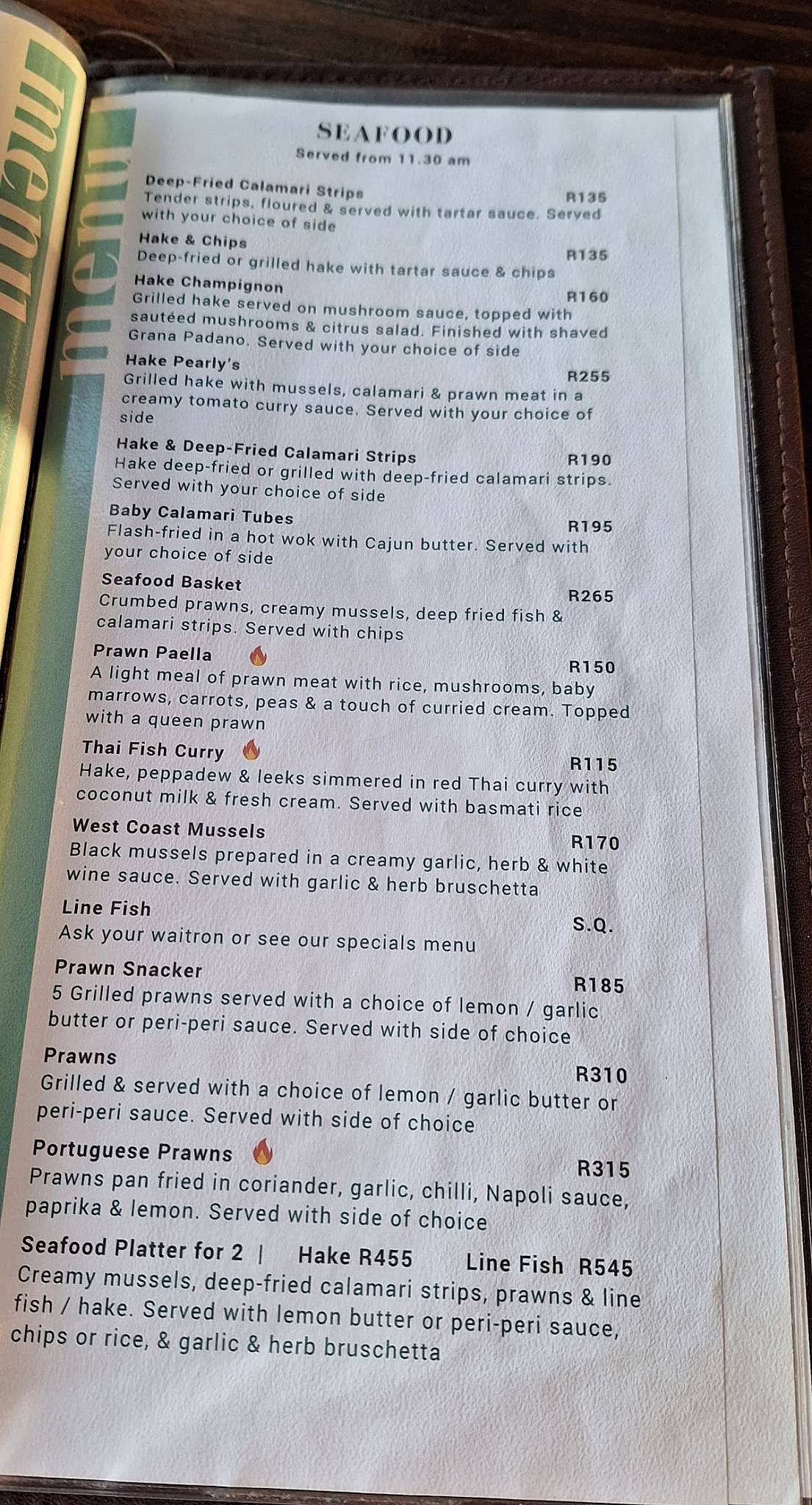 Menu au Pearly’s Restaurant, Langebaan