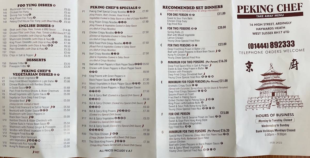 Menu at Peking Chef fast food, Ardingly, 16 High St