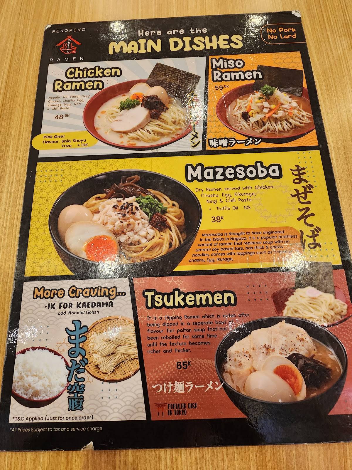 Menu at Peko Peko Ramen restaurant, South Jakarta