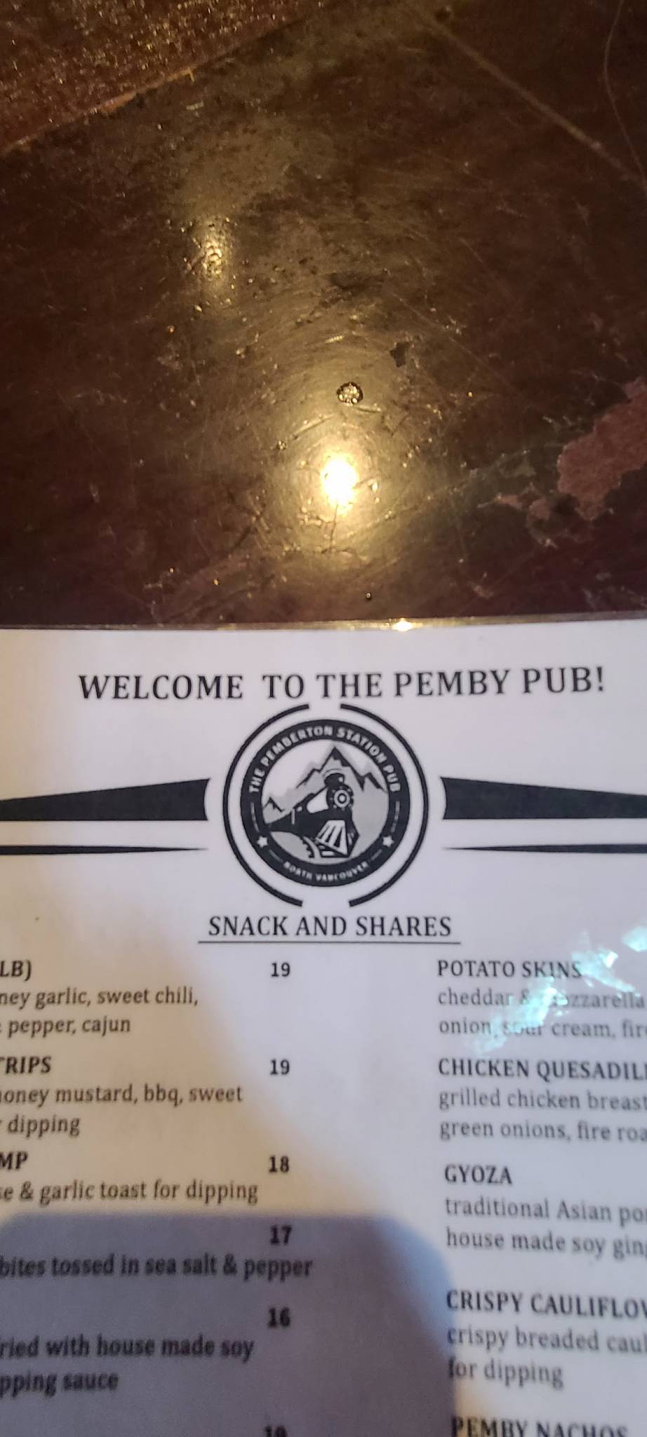 Menu at Pemberton Station Neighbourhood Pub, North Vancouver