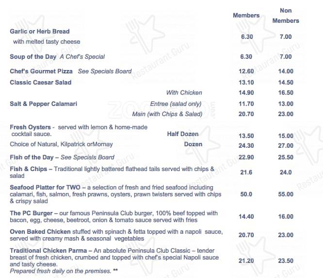 Menu at Peninsula Club, Dromana