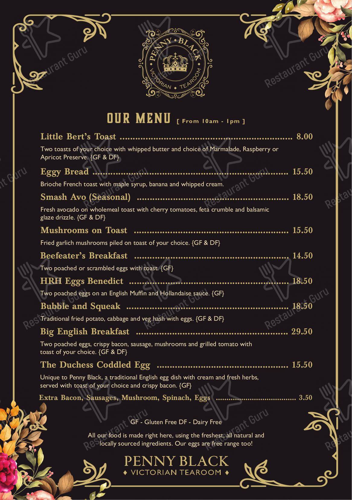 Menu at Penny Black Victorian Tearoom cafe, Christchurch