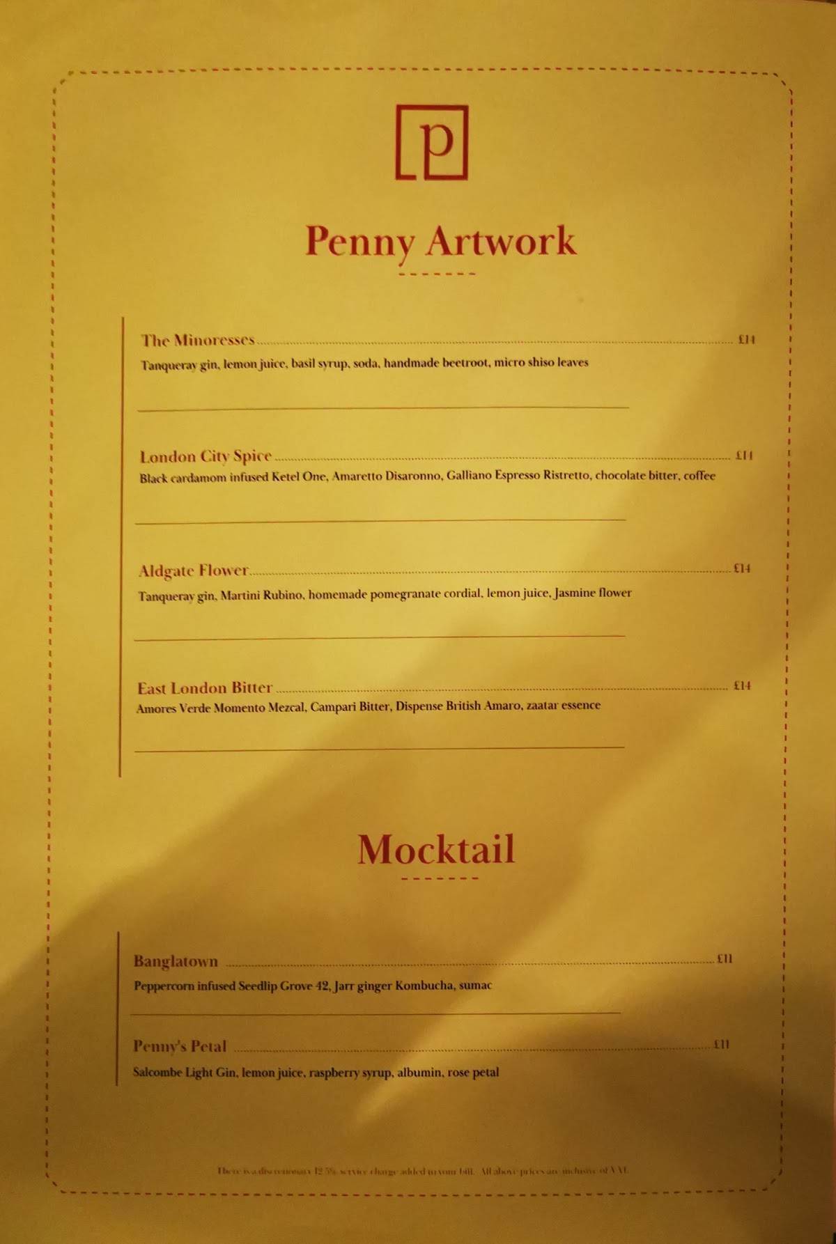 Menu at Penny Squares restaurant, London