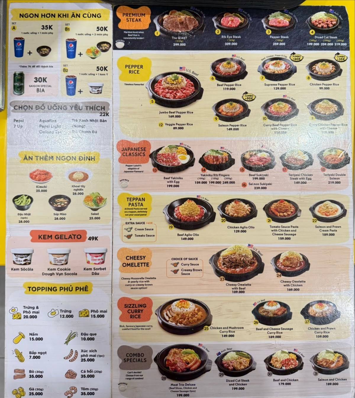 Menu at Pepper Lunch restaurant, Ho Chi Minh City, Sai Gon Center