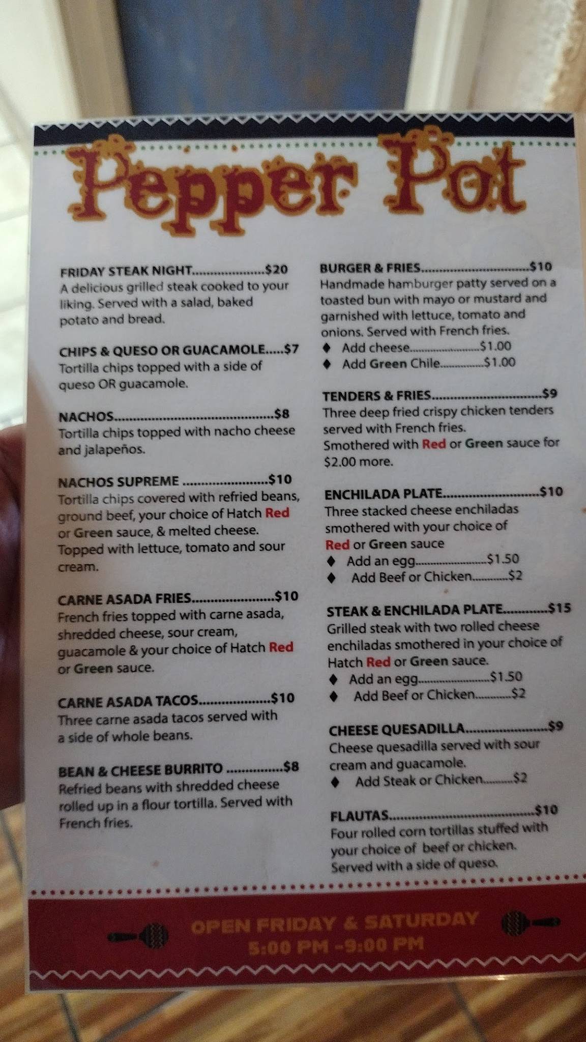 Menu at Pepper Pot restaurant, Hatch