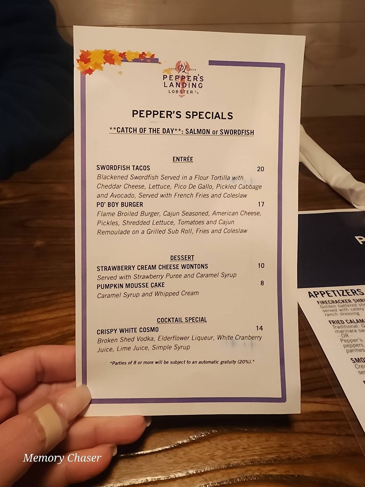 Menu at Pepper's Landing restaurant, Brunswick