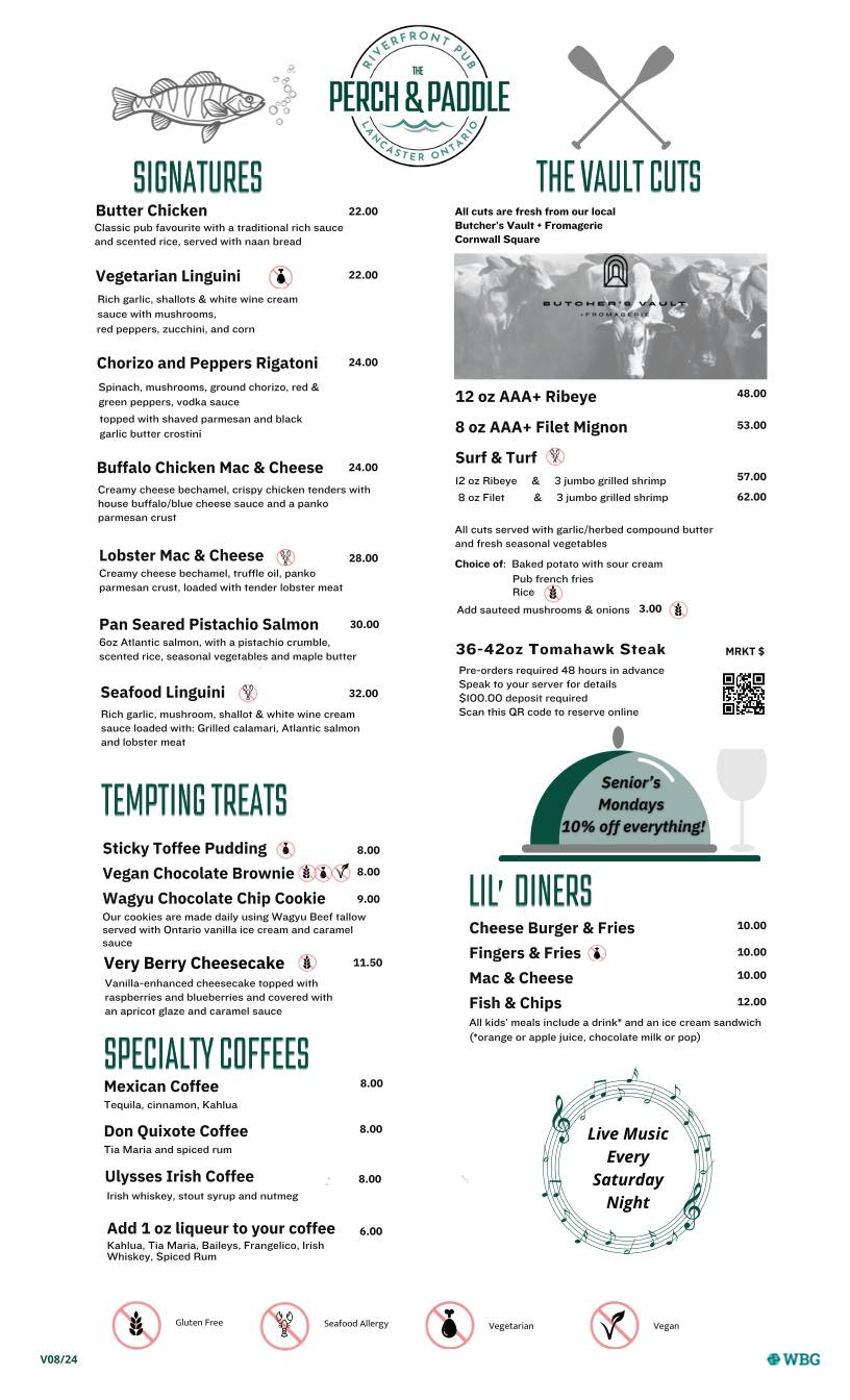Menu at Perch and Paddle Pub, South Lancaster