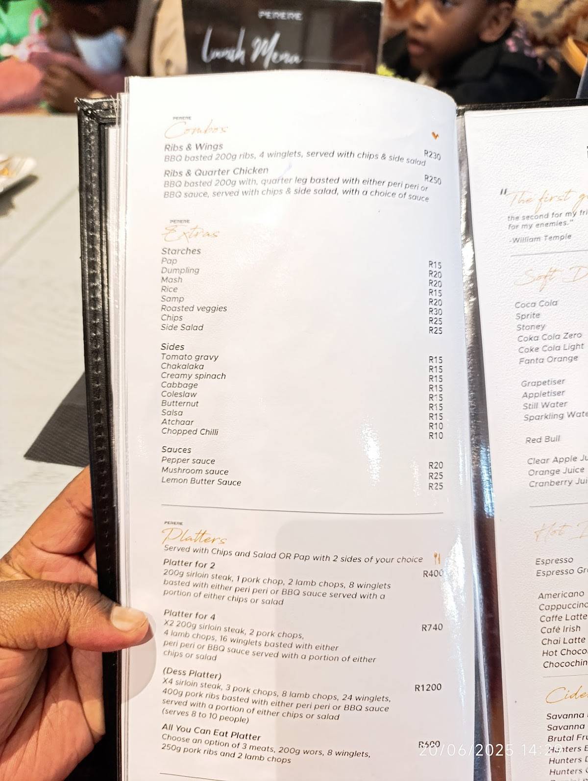 Menu at Perere Polokwane restaurant, Polokwane