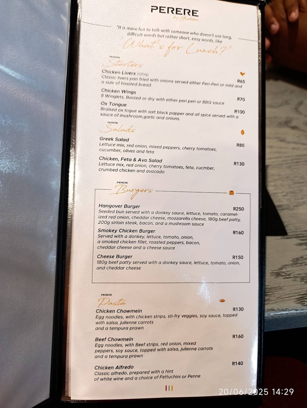 Menu at Perere Polokwane restaurant, Polokwane