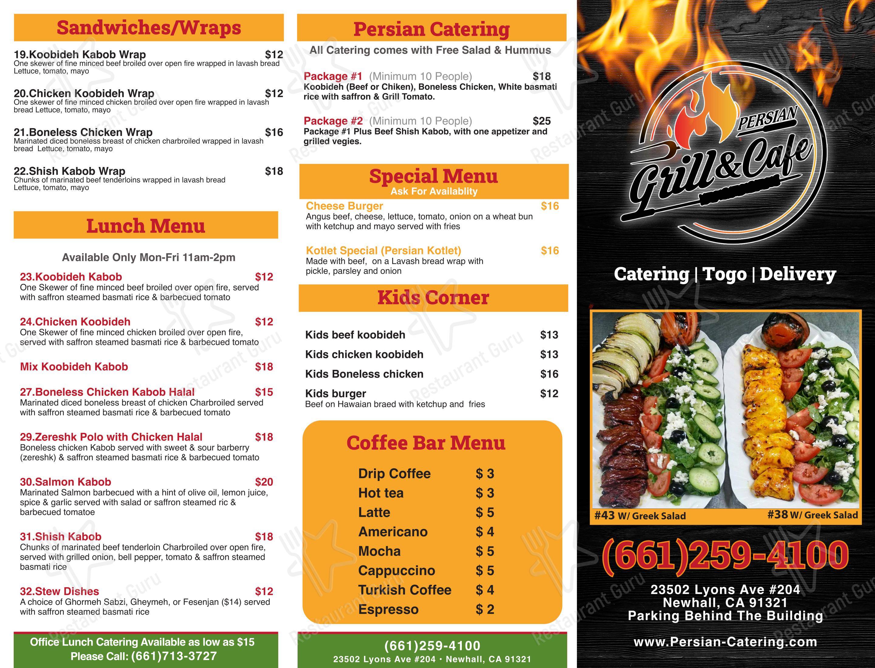 Carta de Persian Grill & Cafe, Santa Clarita, Lyons Ave suite 204