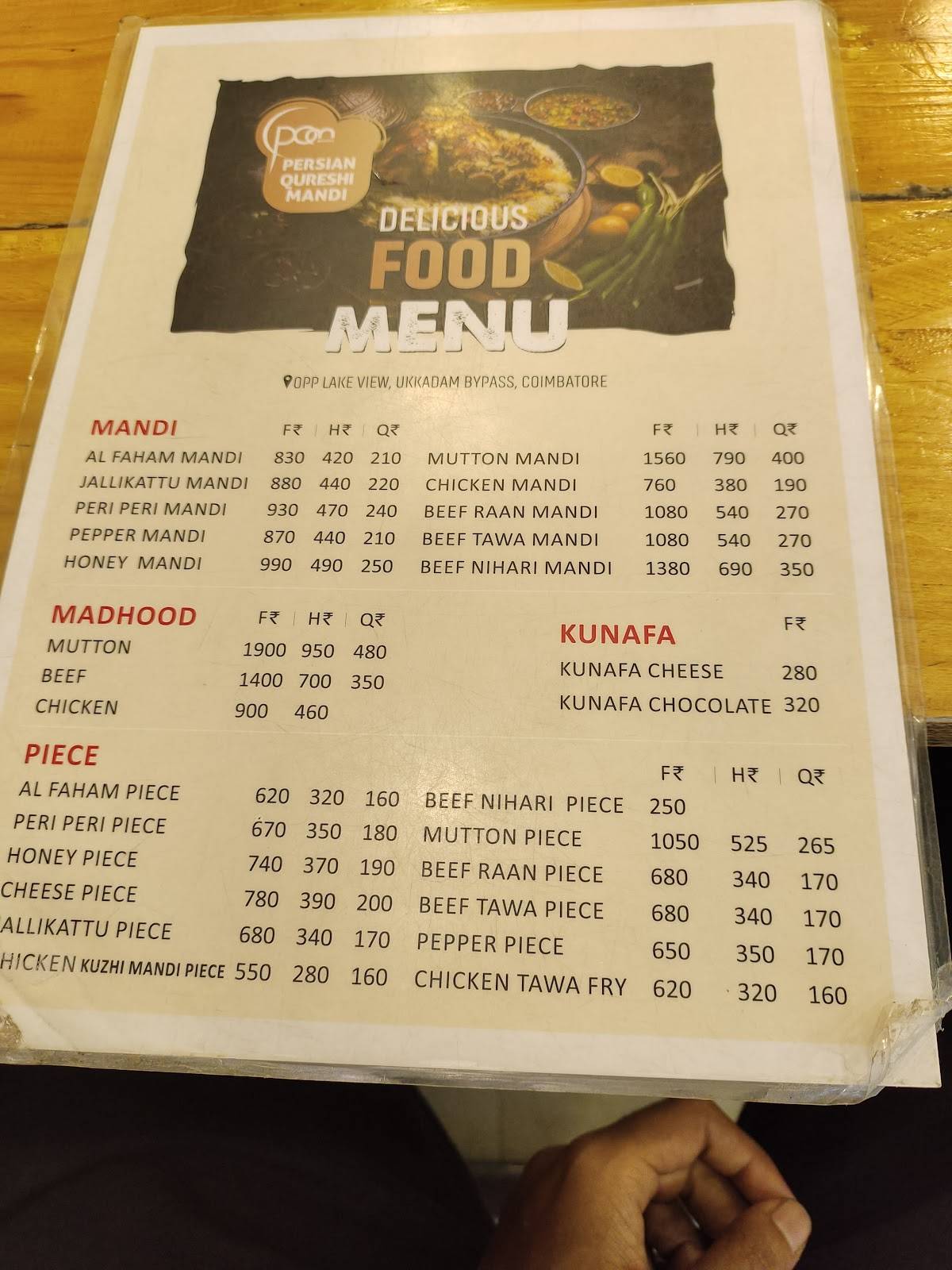 Menu at Persian Qureshi Mandi, Coimbatore