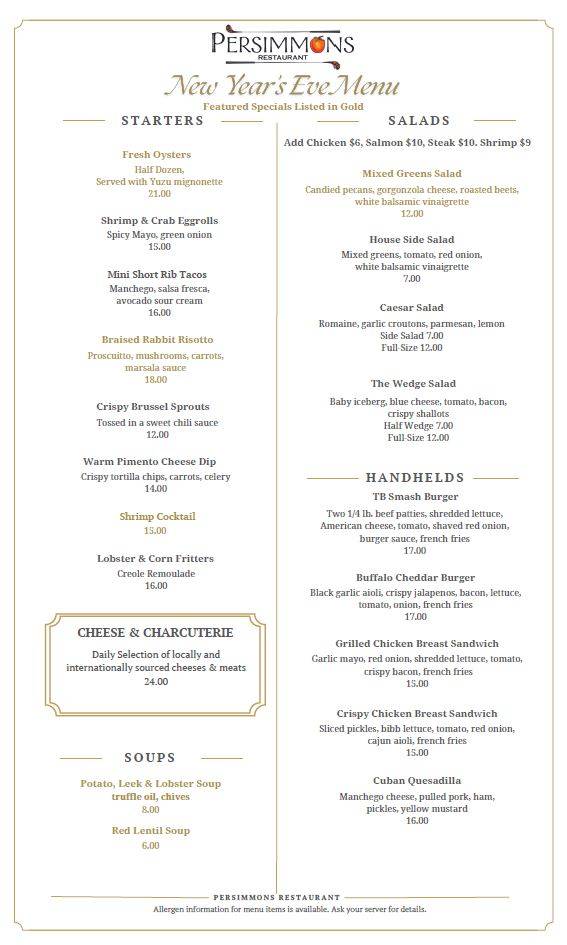 Menu at Persimmons restaurant, USA