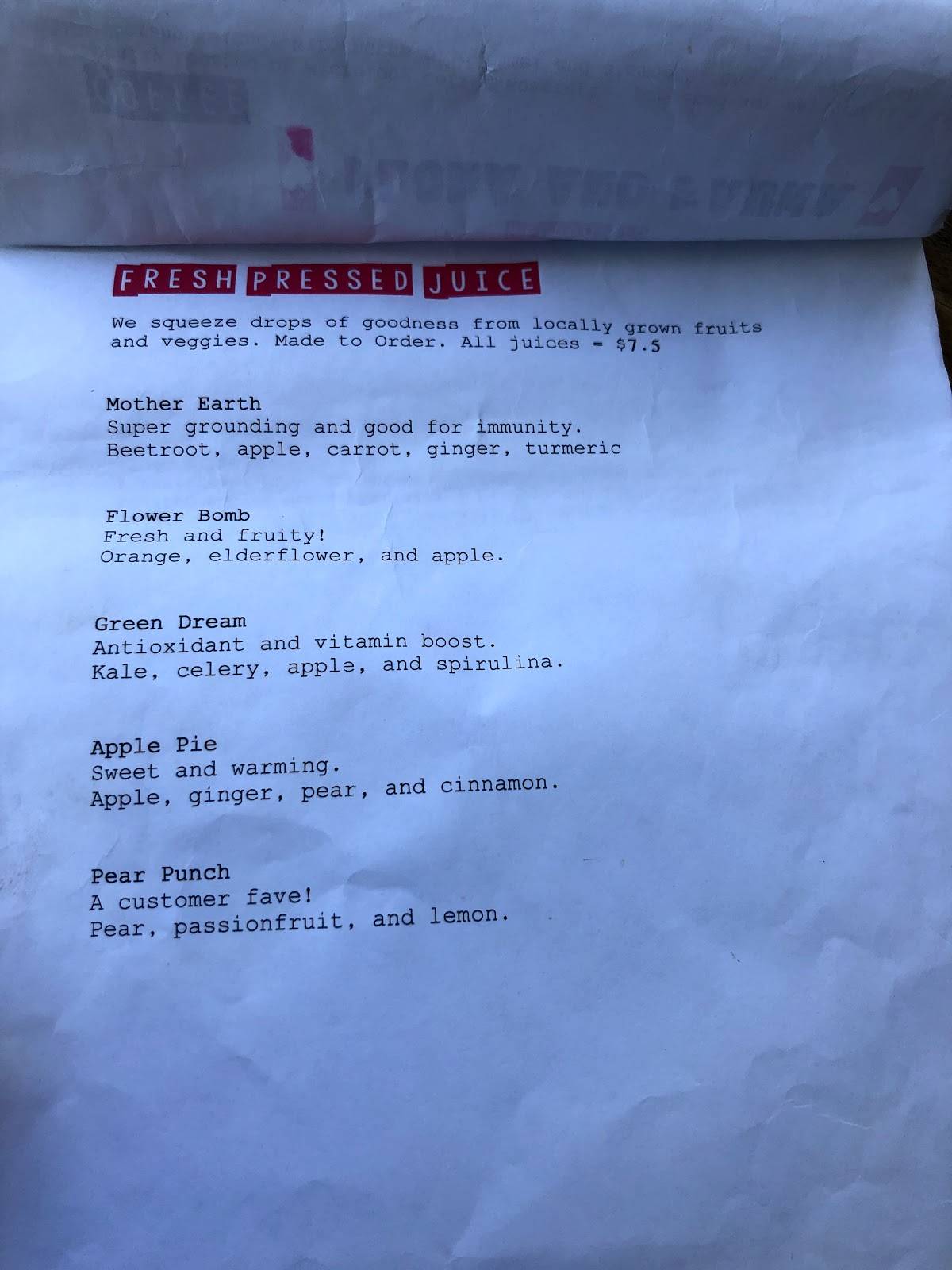 Menu at Flora & Fauna cafe, Perth