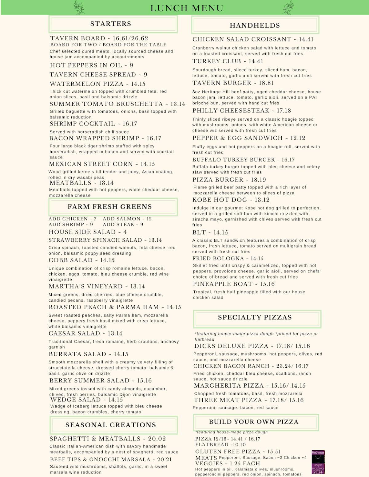 Menu at Peter Allen Inn Restaurant, Weddings, Lodging & Events, Kinsman