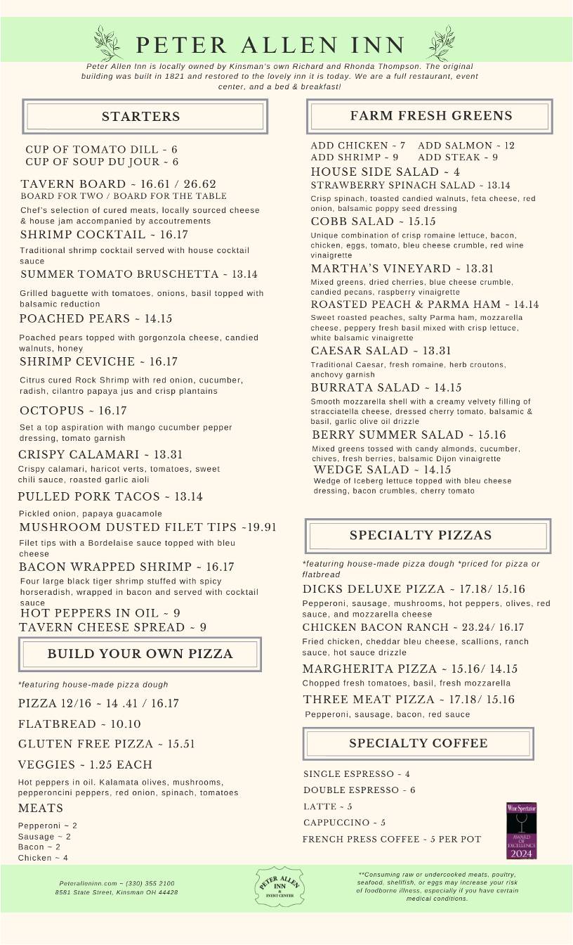 Menu at Peter Allen Inn Restaurant, Weddings, Lodging & Events, Kinsman