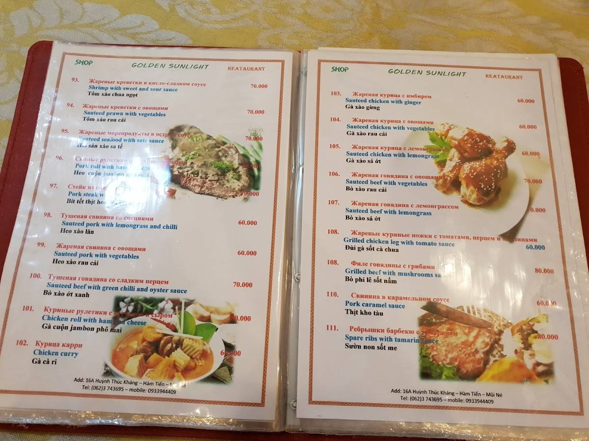 Carta del restaurante Golden Sunlight, Phan Thiet, 18-19B Huỳnh Thúc Kháng