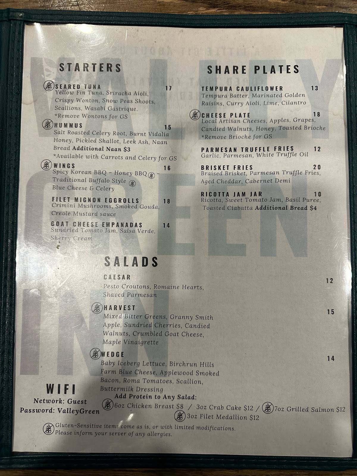Menu at Valley Green Inn restaurant, Philadelphia