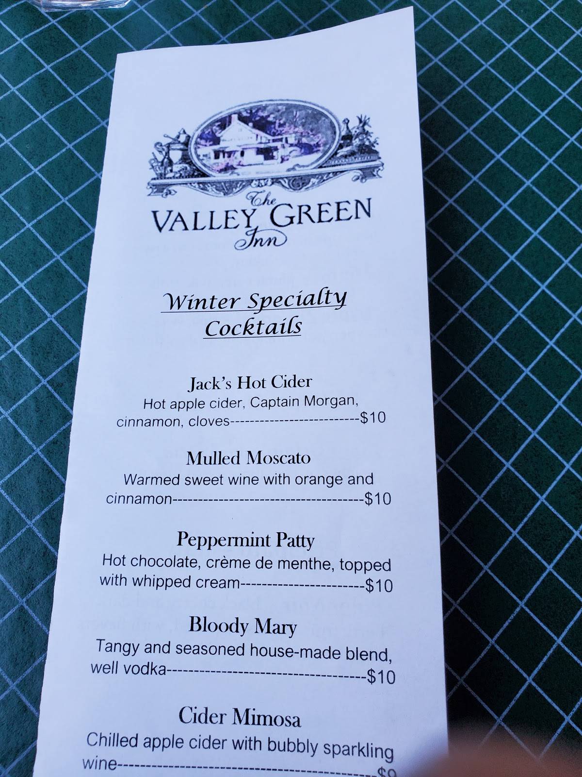 Menu at Valley Green Inn restaurant, Philadelphia