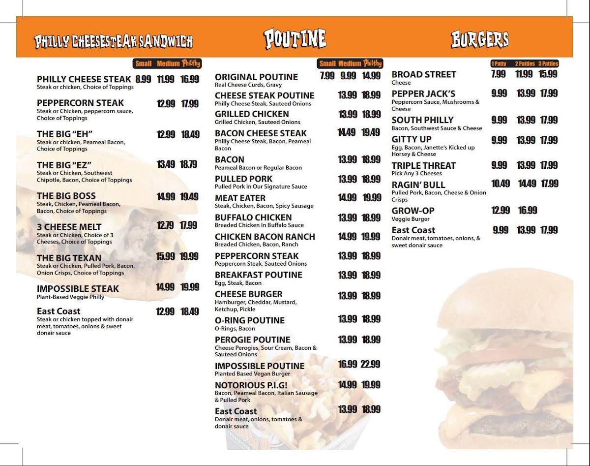 Menu at Philthy Philly's Sydney restaurant, Sydney