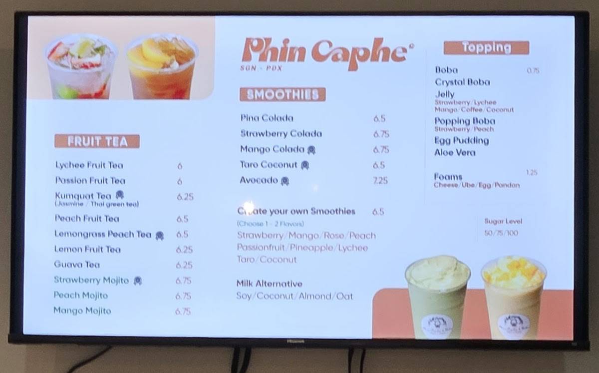 Menu at Phin Caphe & Boba desserts, Beaverton