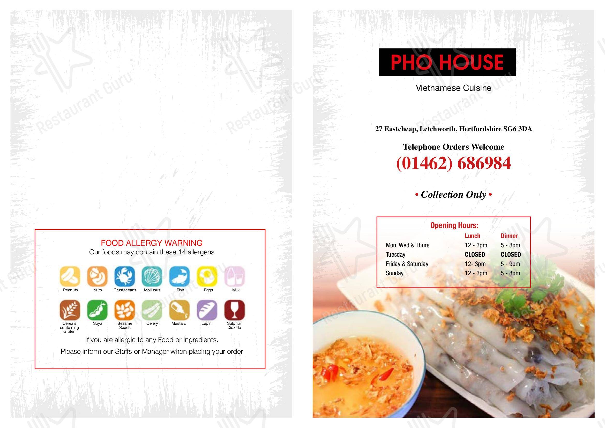 Menu at Pho House restaurant, Letchworth Garden City