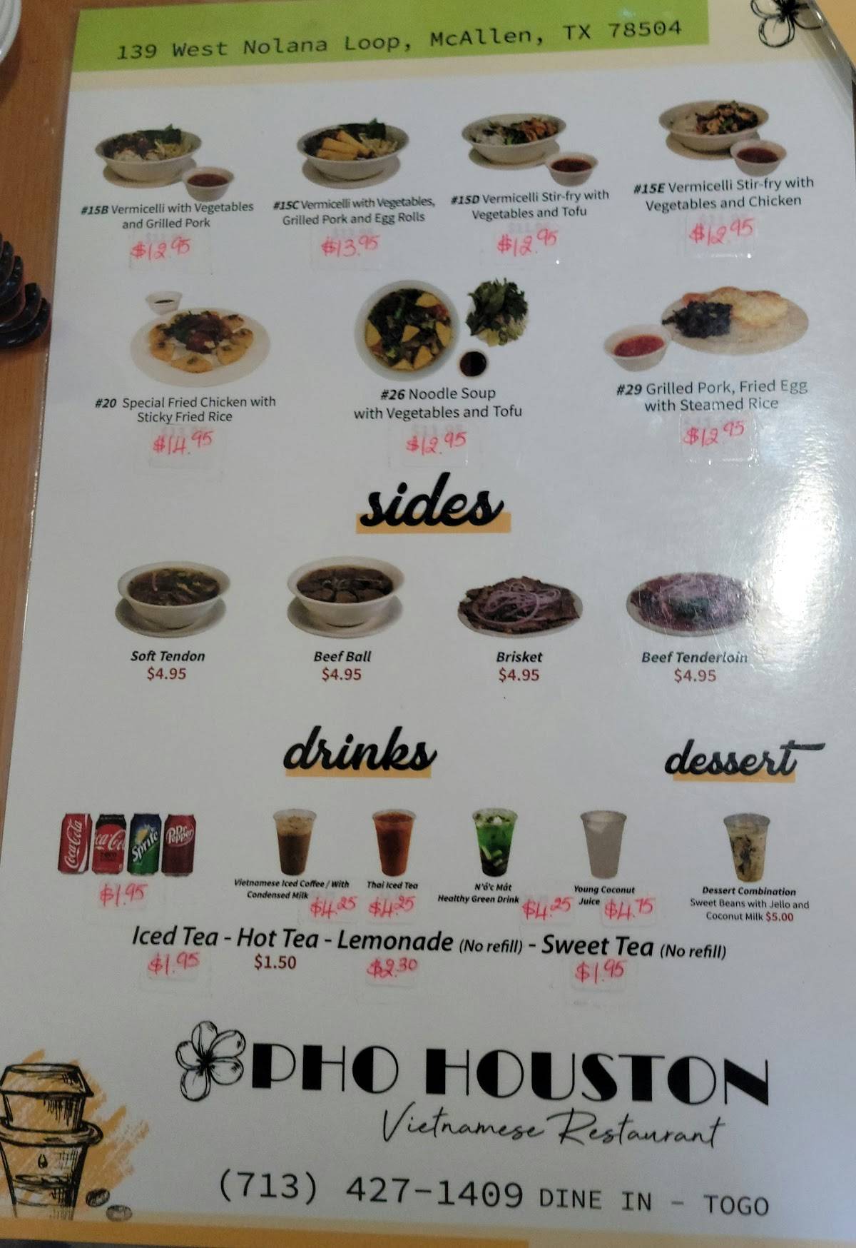Menu at Phở Houston restaurant, McAllen