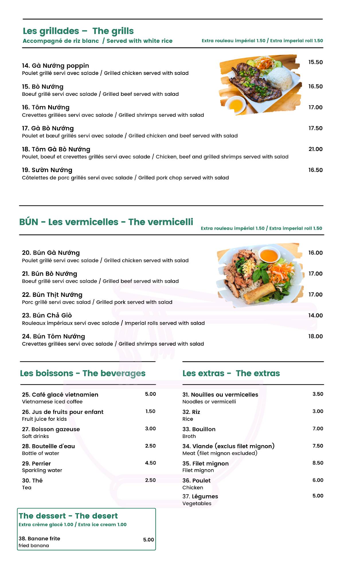 Menu at Pho Jean-Talon restaurant, Montréal