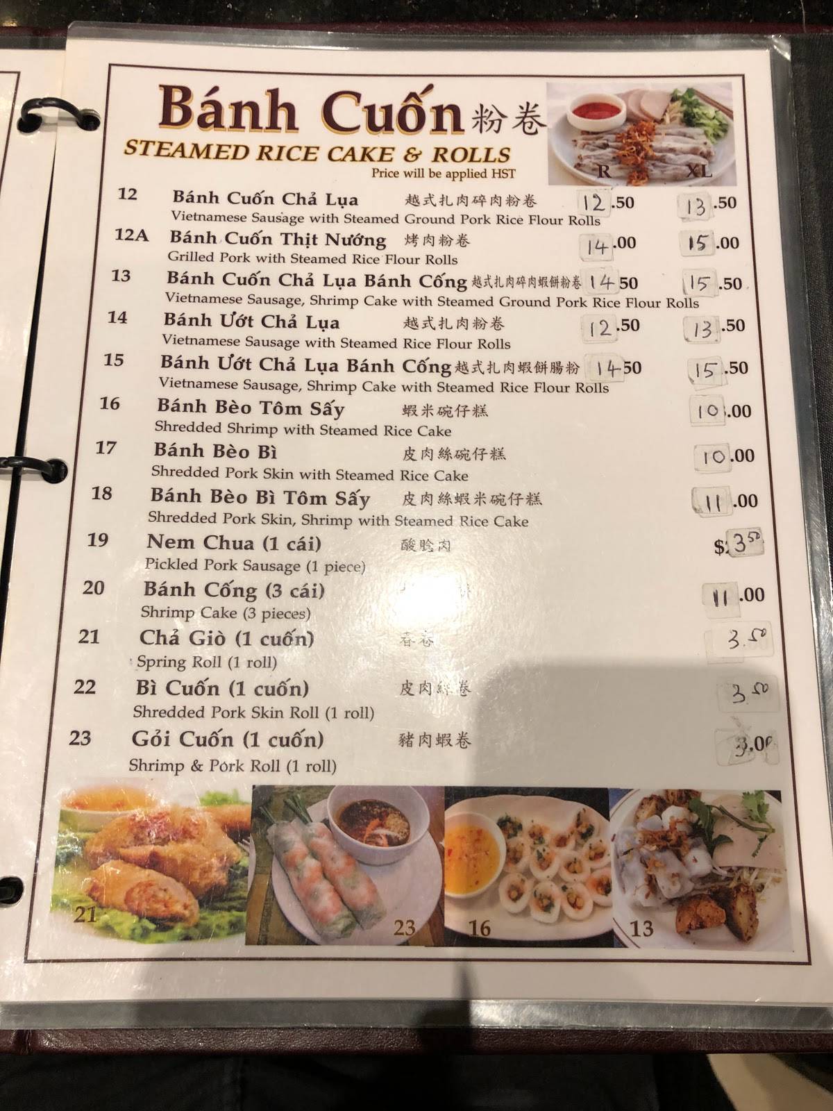 Menu at Pho Linh restaurant, Toronto, College St