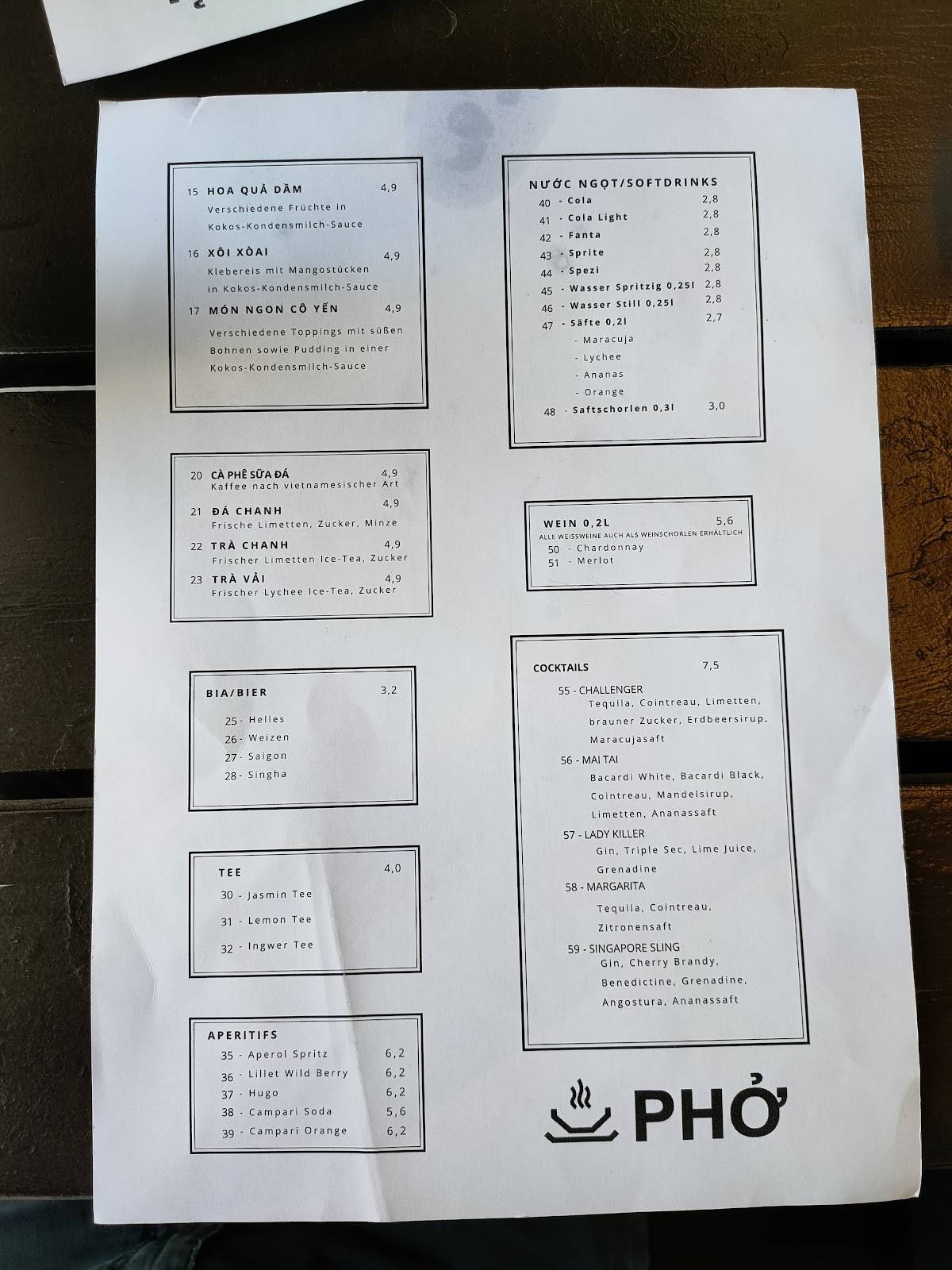 Menu at Pho restaurant, Nuremberg