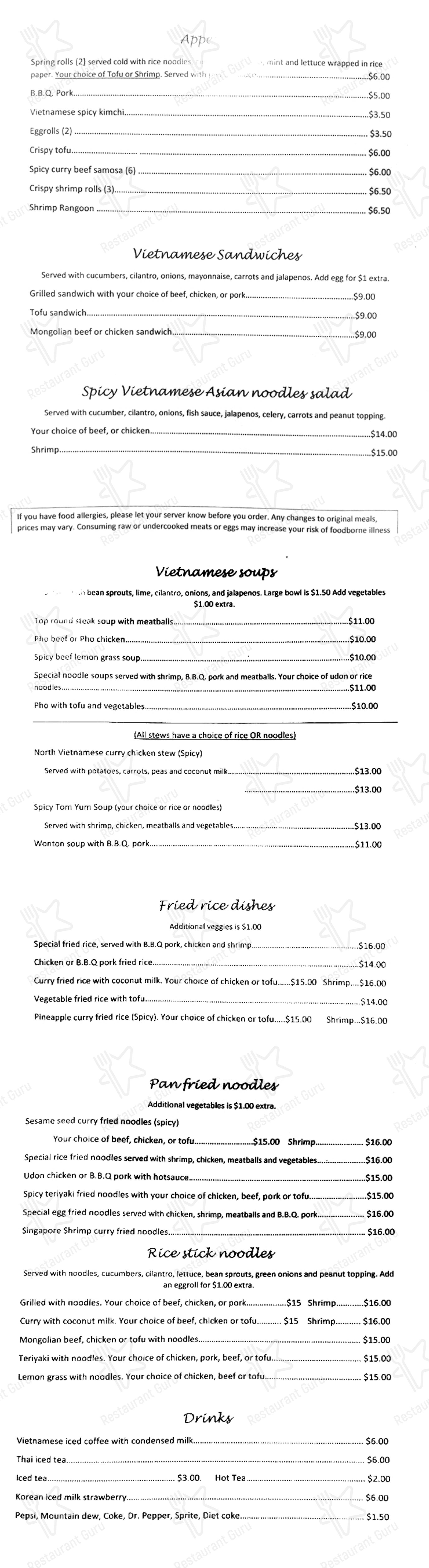 Menu at Pho Vi restaurant, Missoula