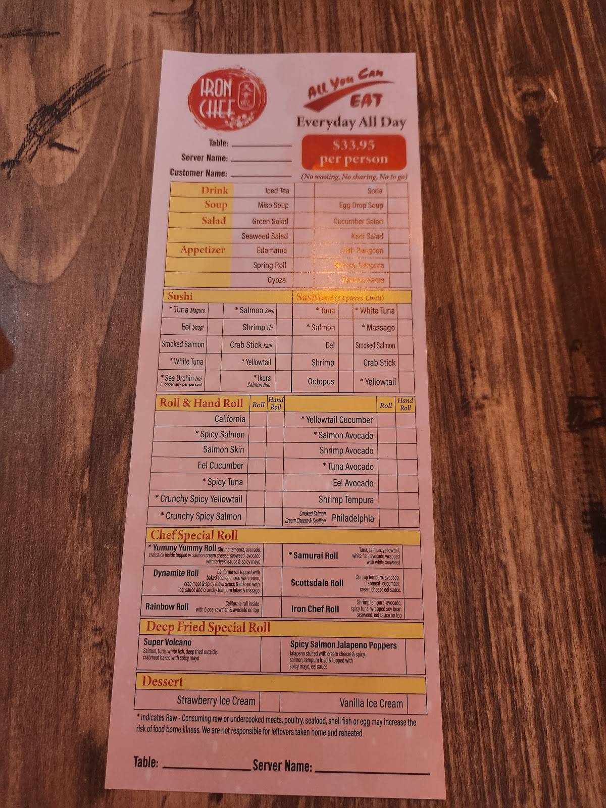 Menu at Iron Chef restaurant, Phoenix
