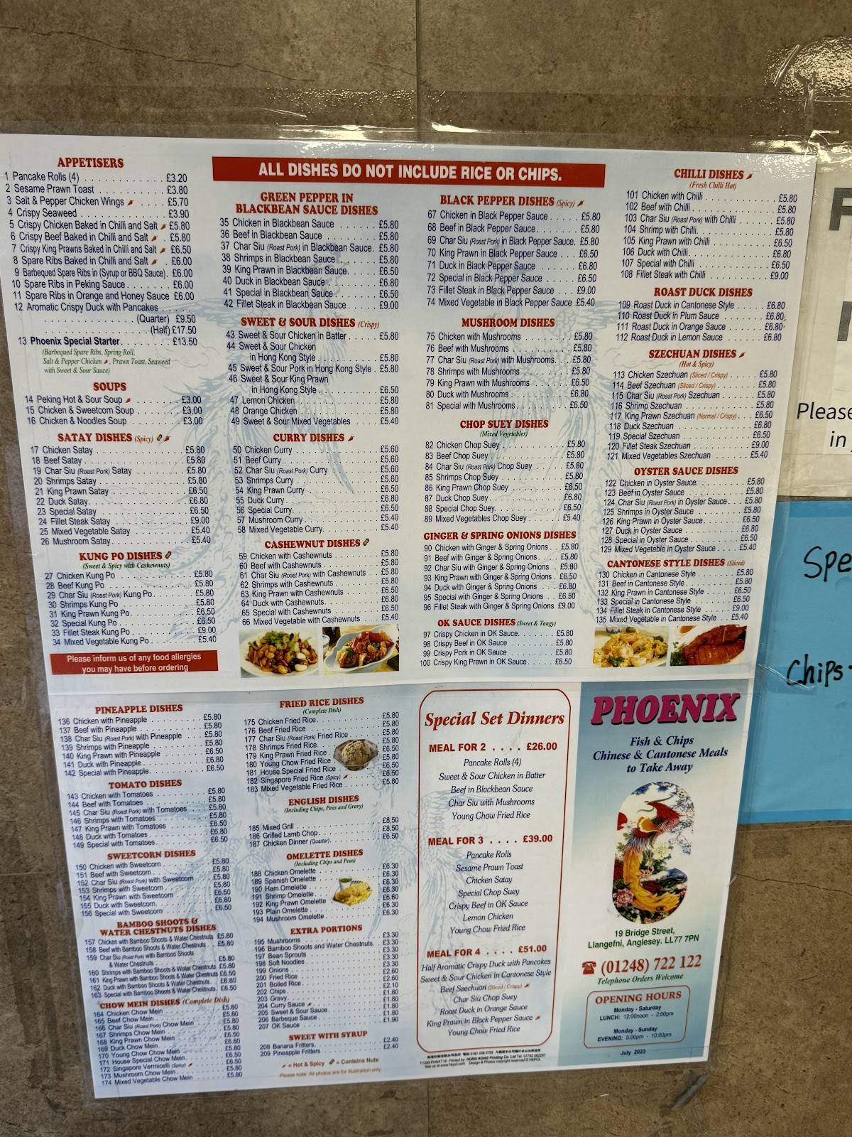 Menu at Phoenix fast food, Llangefni