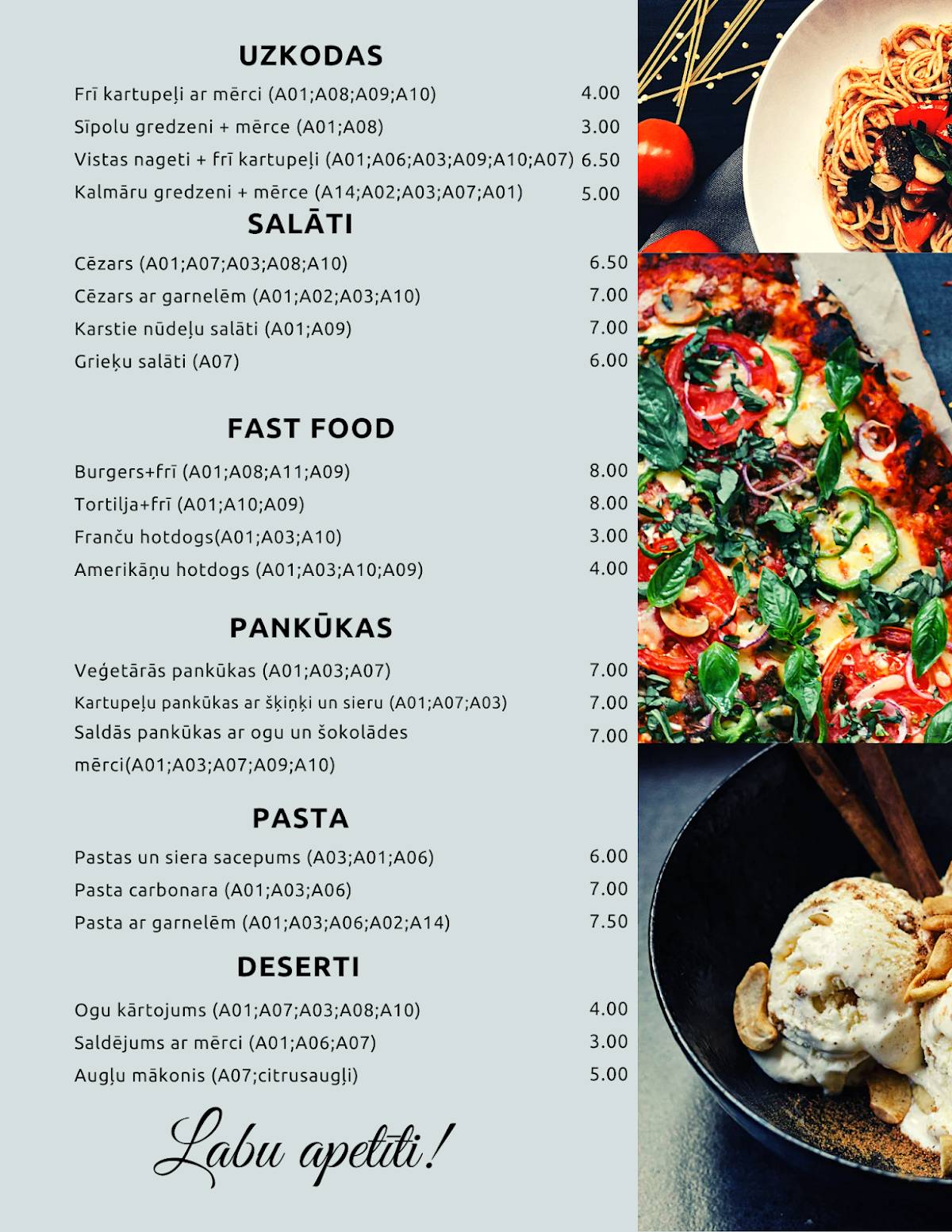 Menu at Picas Namiņš restaurant, Viesīte