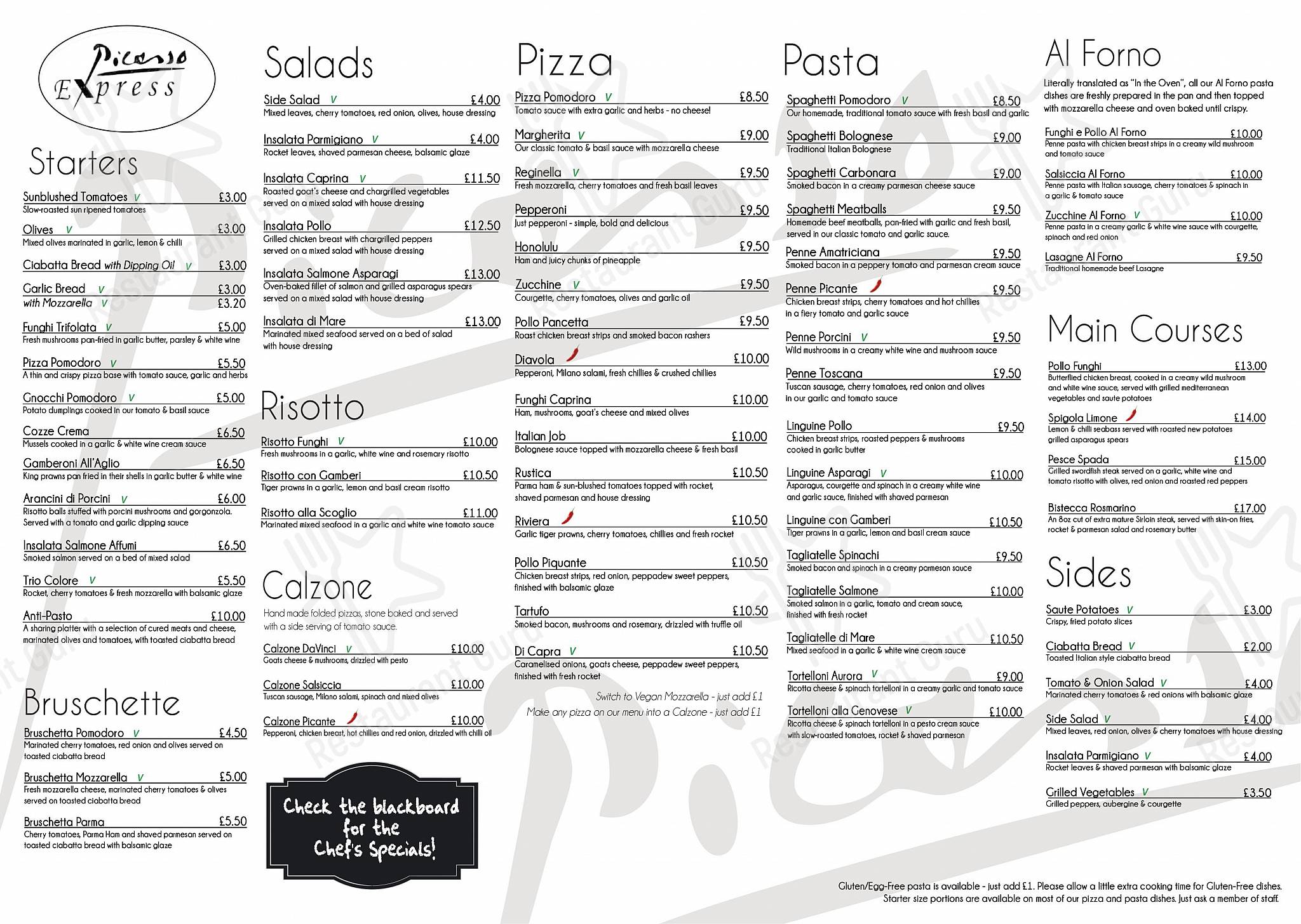Menu at Picasso Express restaurant, Bexhill
