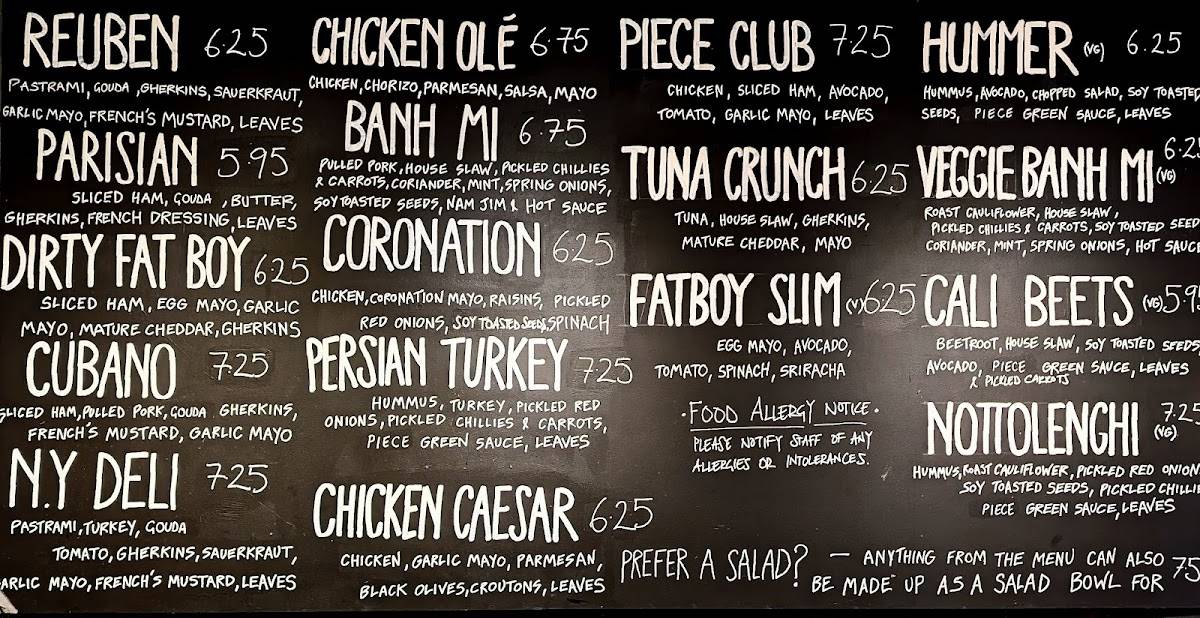 Menu at Piece cafe, Glasgow, Argyle St