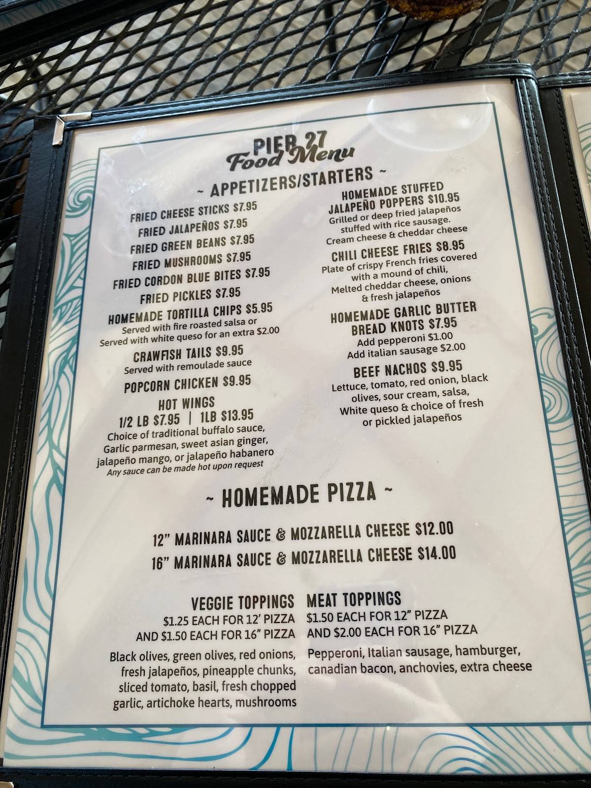 Menu at Pier 27 River Lounge & 8 Ball Pizzeria, Kerrville