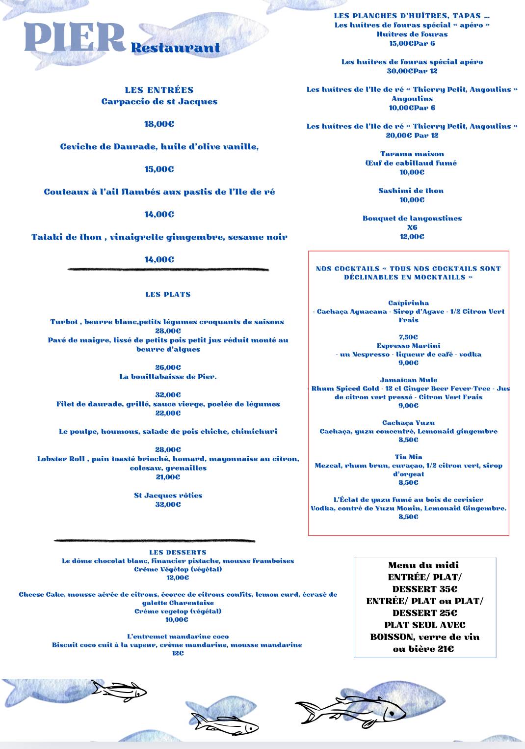 Menu at Pier Cuisine Terre & Mer restaurant, La Rochelle
