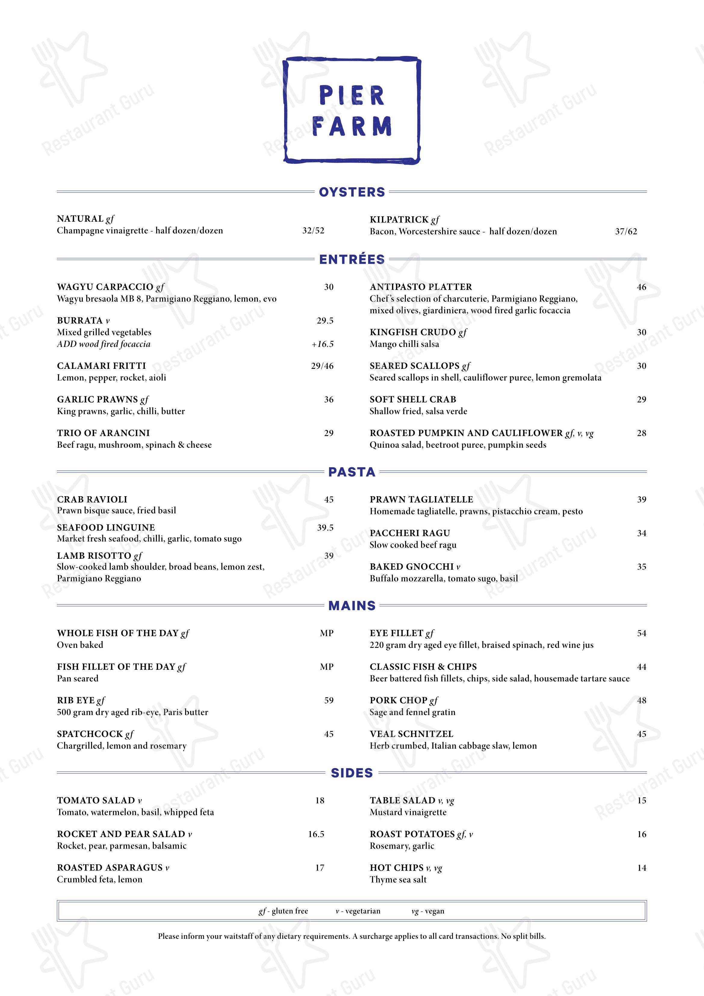 Menu at Pier Farm restaurant, Williamstown