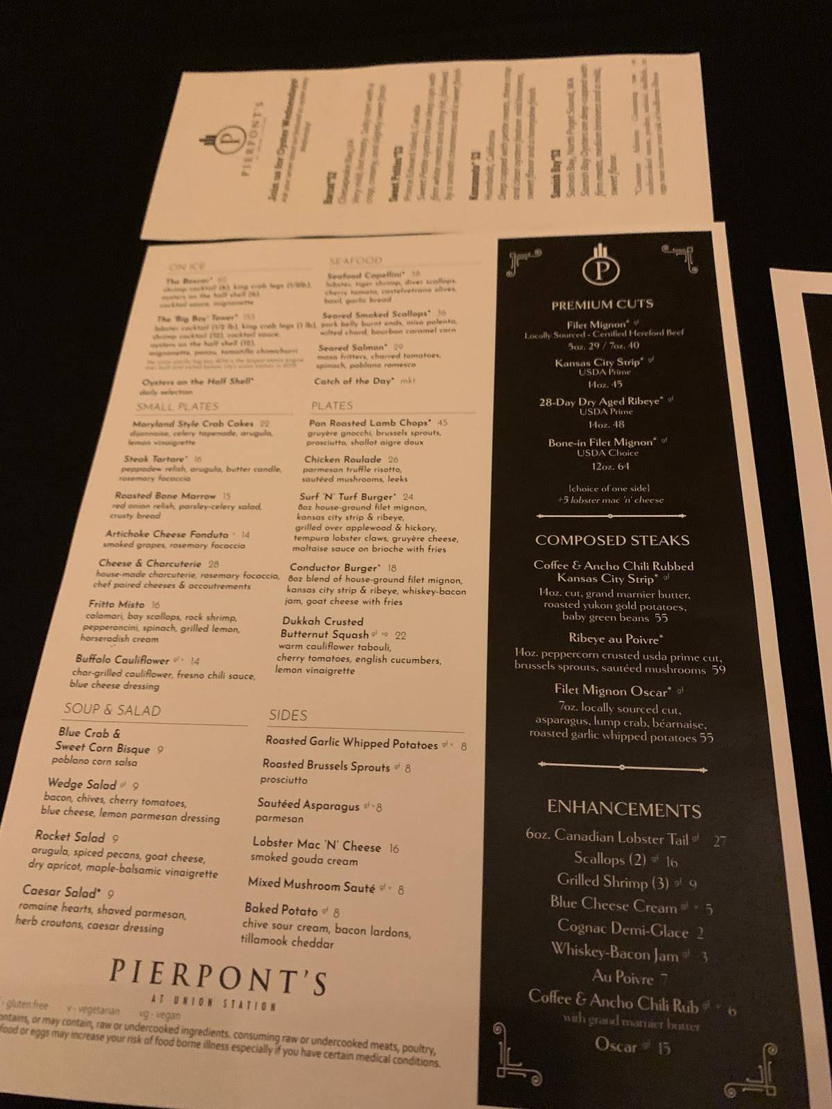 Menu at Pierpont's at Union Station steakhouse, Kansas City, 30 W ...