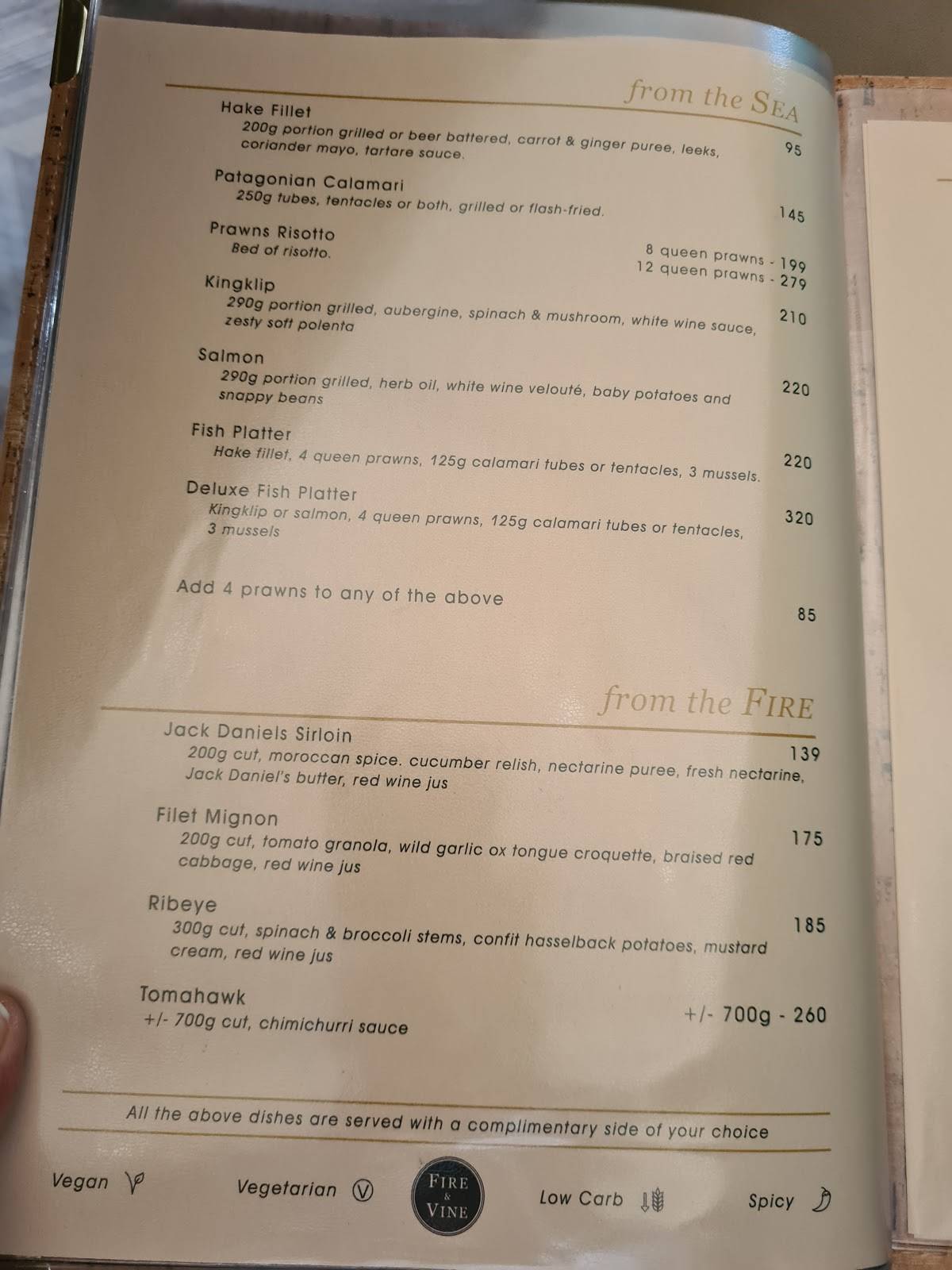 Menu at Fire & Vine restaurant, Pietermaritzburg, Athlone Circle