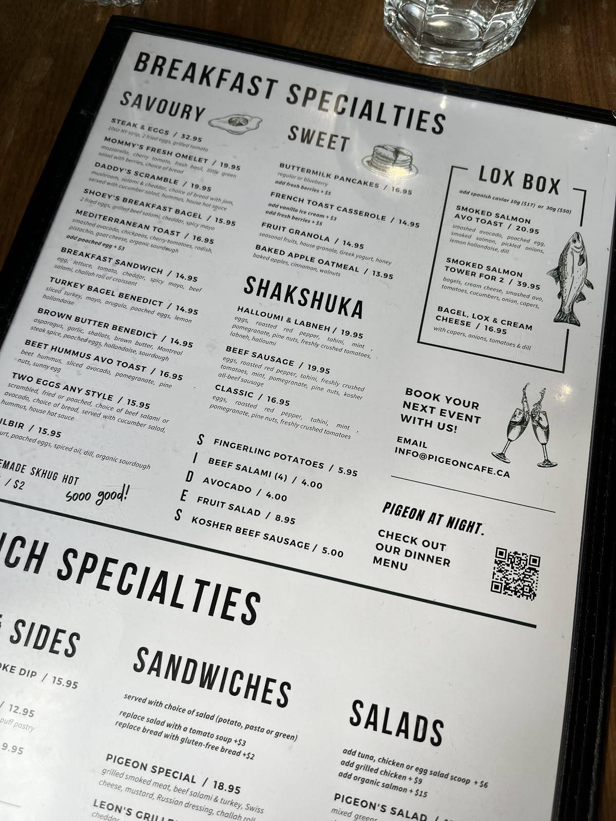 Menu at Pigeon Café & Bar, Montréal