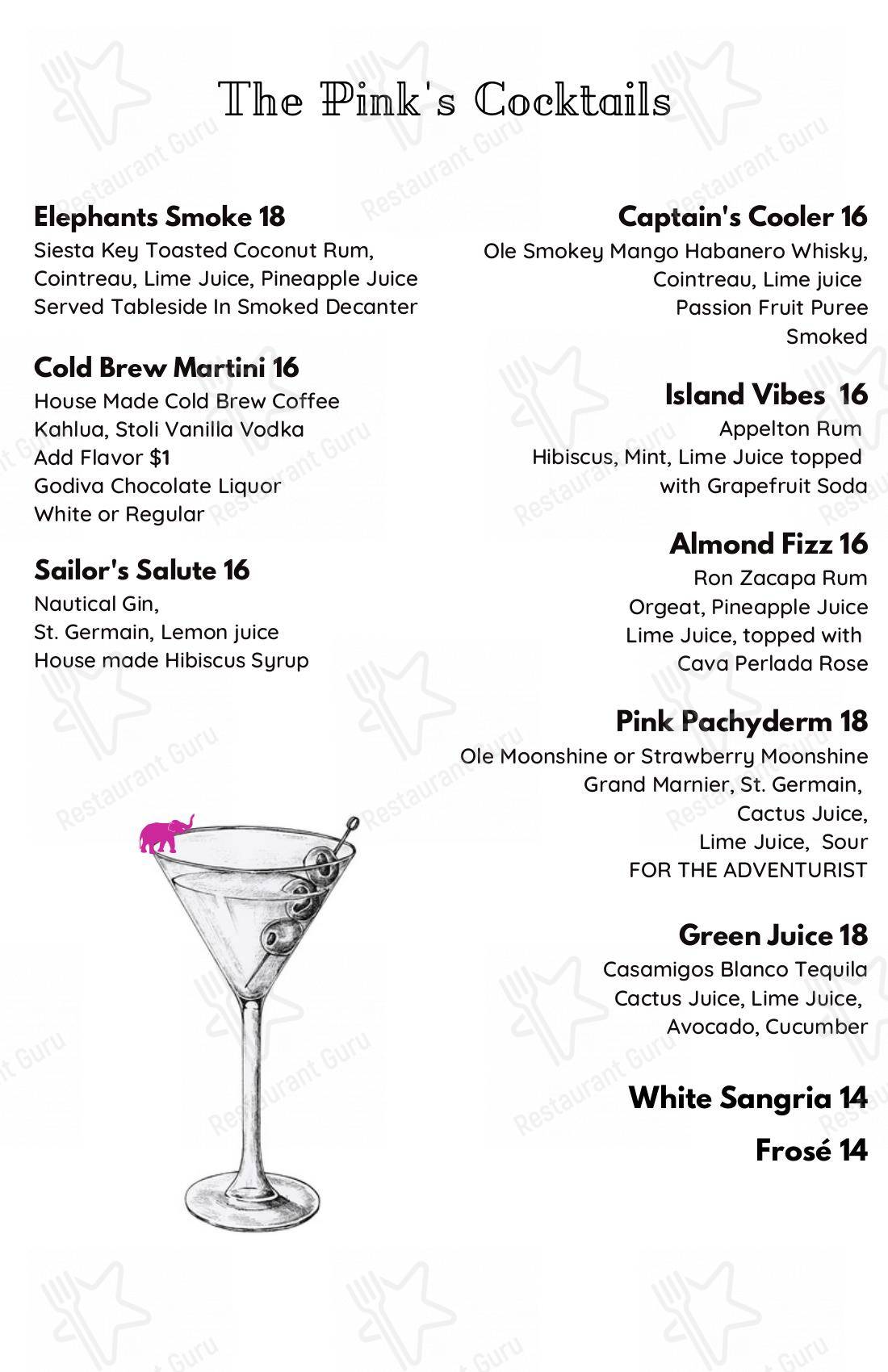 Menu at Pink Elephant pub & bar, Boca Grande