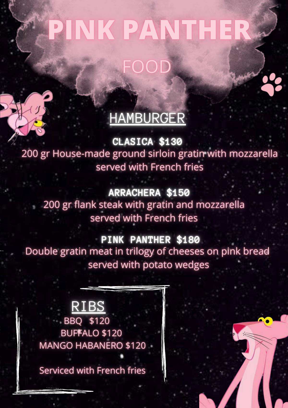 Menu at Pink Panther Burgers & Chicken, Tulum restaurant, Tulum