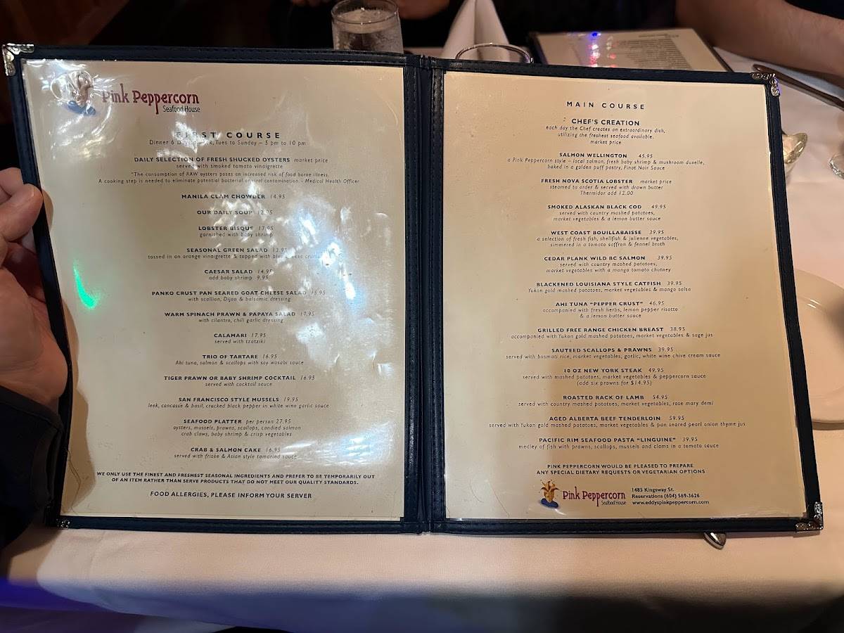 Menu at Pink Peppercorn Seafood House restaurant, Vancouver