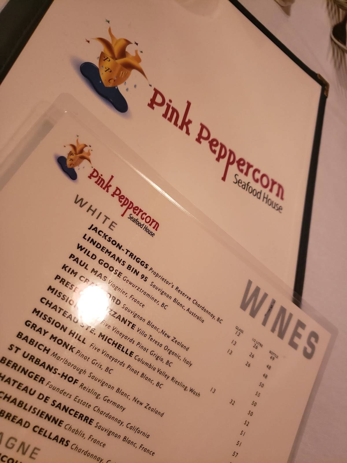 Menu at Pink Peppercorn Seafood House restaurant, Vancouver
