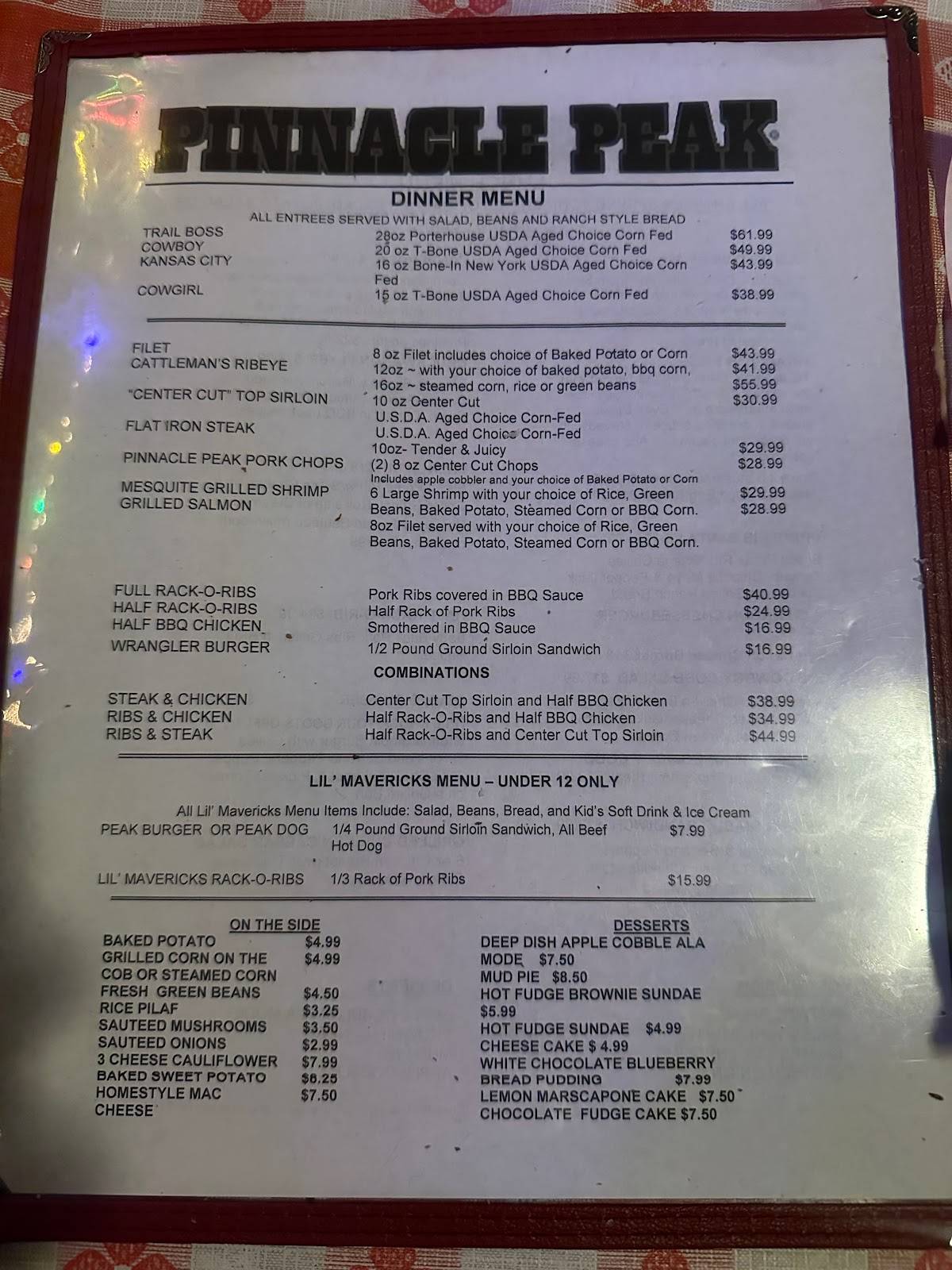 Menu at Pinnacle Peak Steakhouse, San Dimas