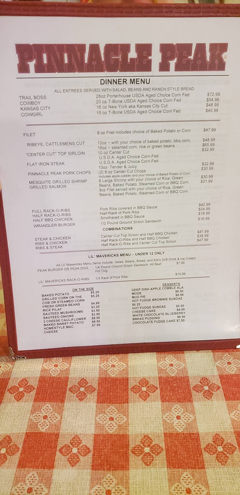 Menu at Pinnacle Peak Steakhouse,San Dimas, San Dimas